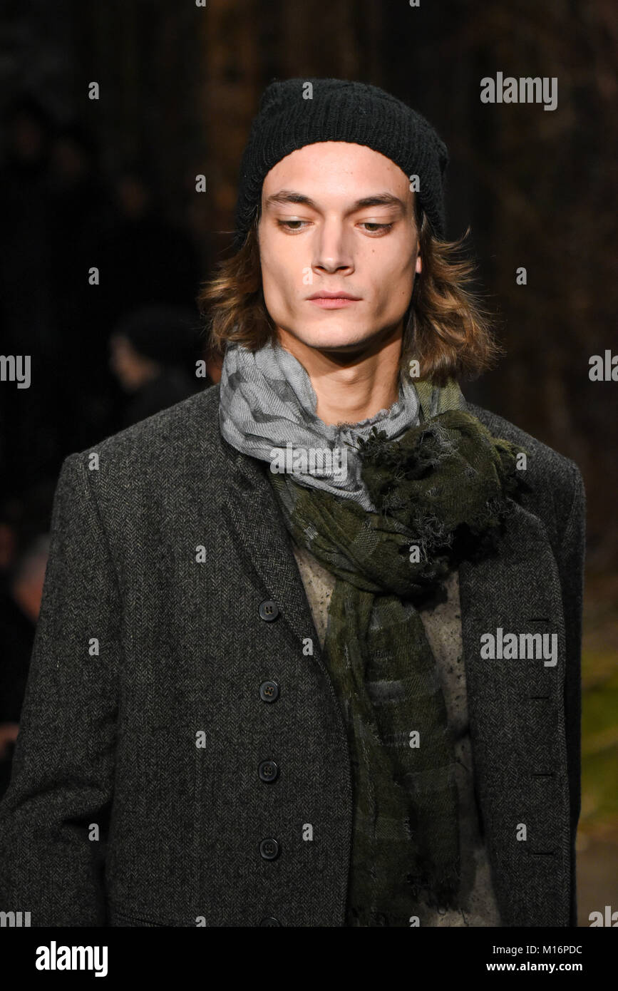 NEW YORK, NY - JANUARY 26: Model walks the runway wearing John Varvatos ...