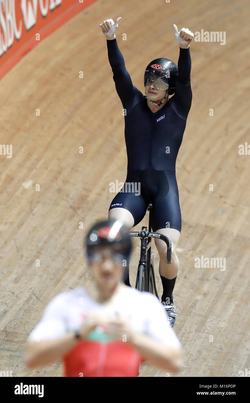 Jack Carlin celebrates winning the Men's Sprint Final from Lewis Oliva ...