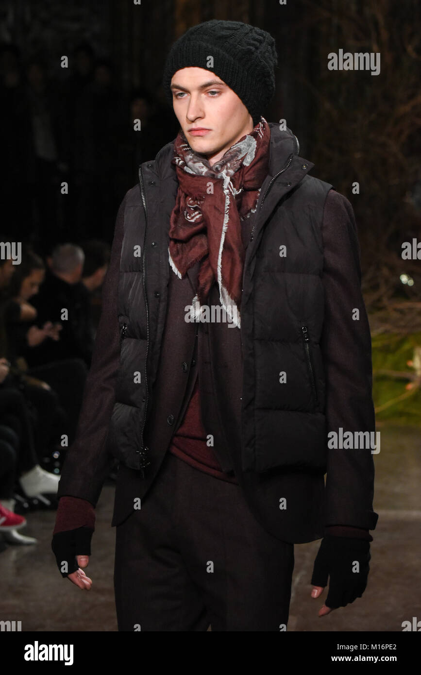 NEW YORK, NY - JANUARY 26: Model walks the runway wearing John Varvatos ...