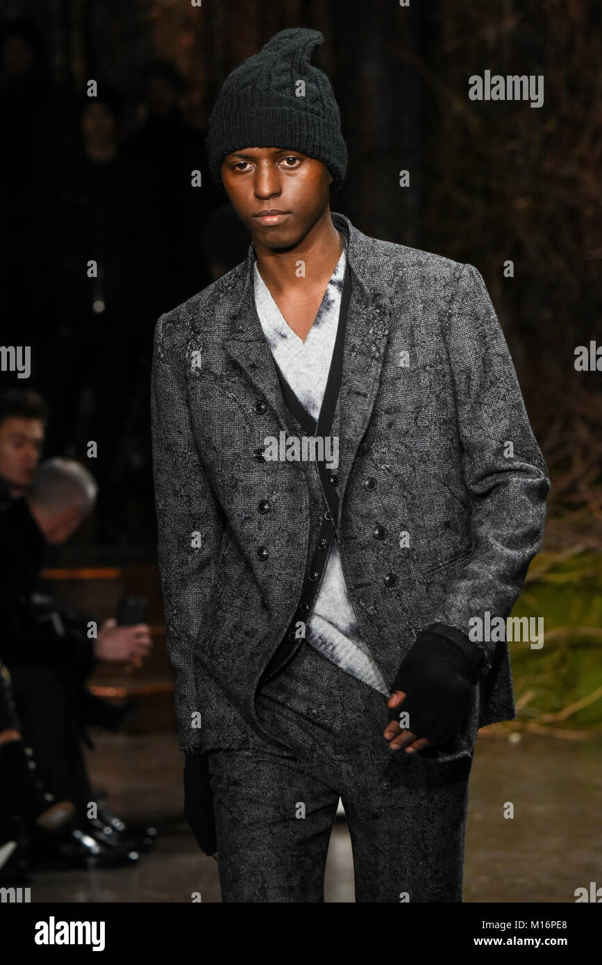 NEW YORK, NY - JANUARY 26: Model walks the runway wearing John Varvatos ...