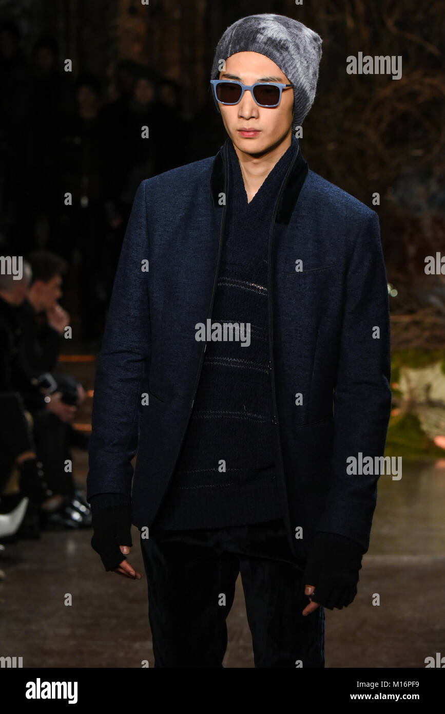 NEW YORK, NY - JANUARY 26: Model walks the runway wearing John Varvatos ...