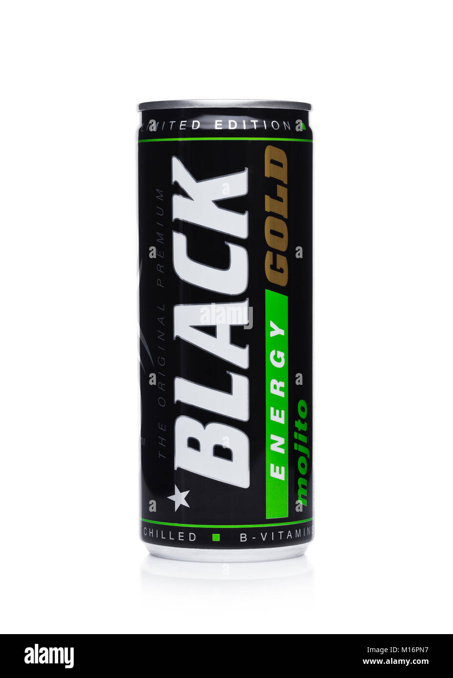 LONDON, UK - JANUARY 24, 2018: Aluminium can of Black Energy Drink Gold ...