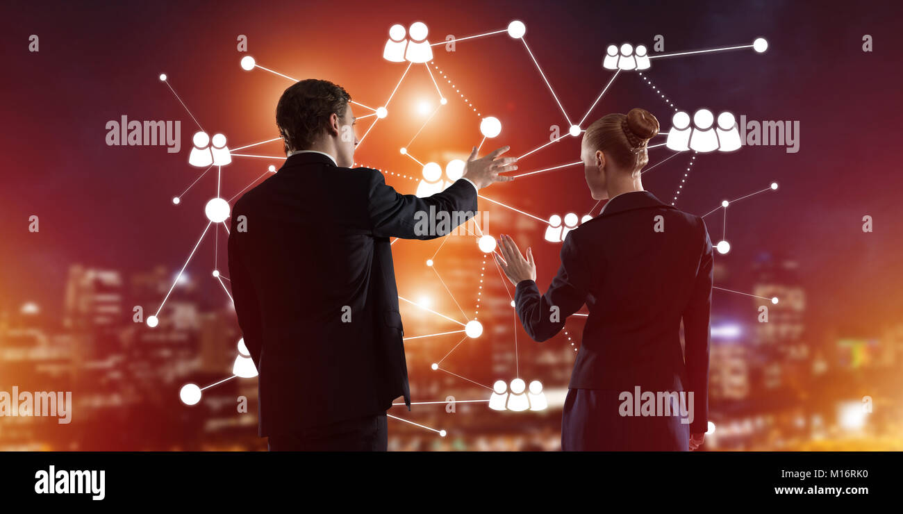 Concept of social connection and networking against night city view and ...