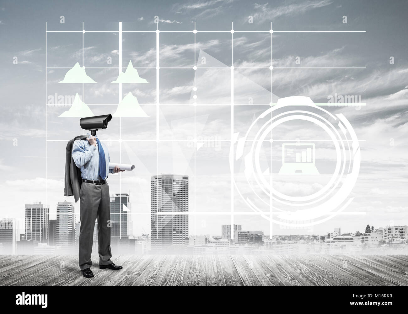 Camera headed man standing on wooden floor against modern citysc Stock ...