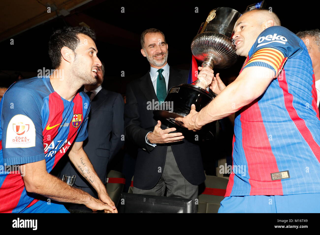 Spain's King Felipe VI, centre, at the Copa del Rey final soccer match ...