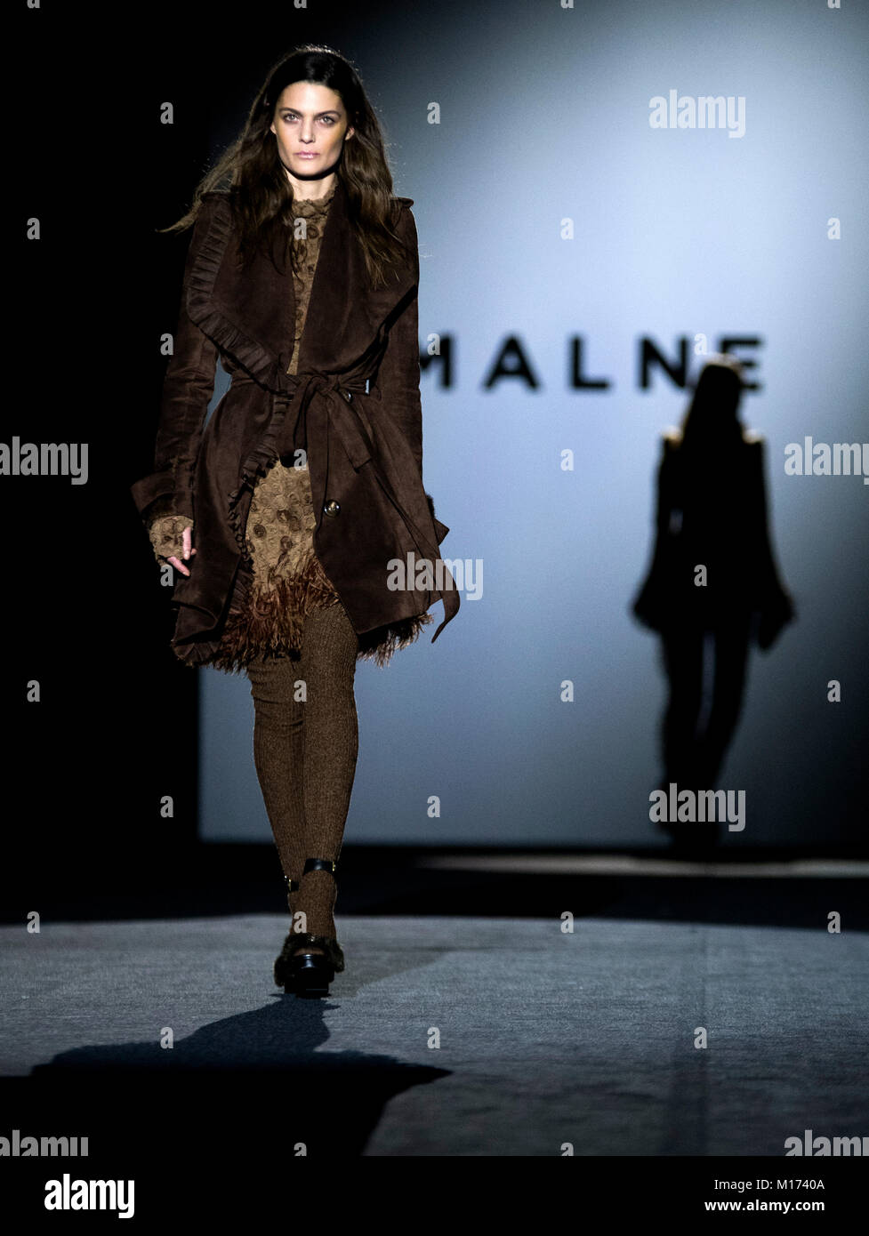Madrid, Spain. 27th January, 2018. A model showcases designs by Malne ...