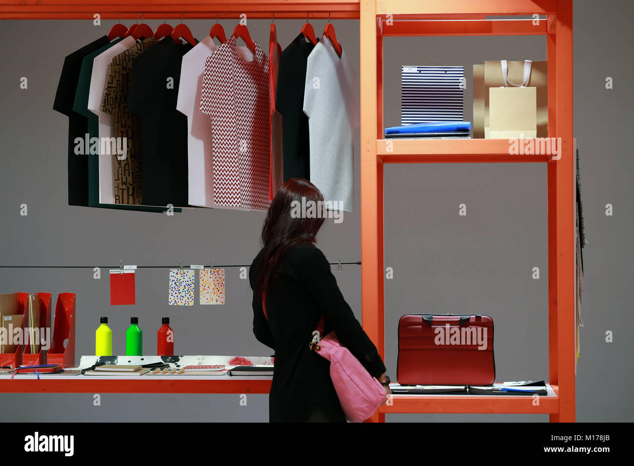 Frankfurt, Germany. 27th Jan, 2018. A woman visits the trade fair ...