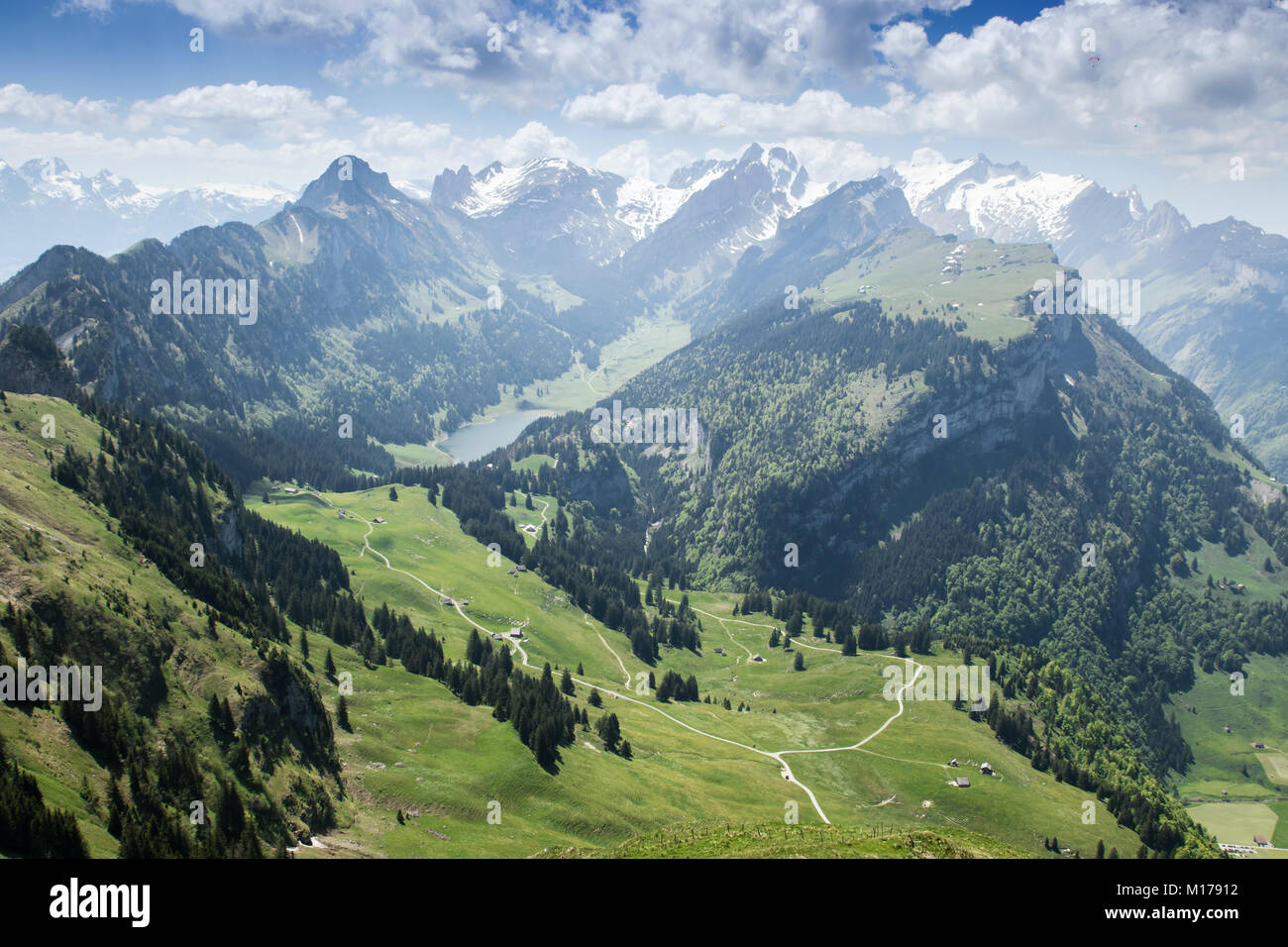 Panorama view of Alpstein mountain with lake of Ebenalp. Canton of St ...