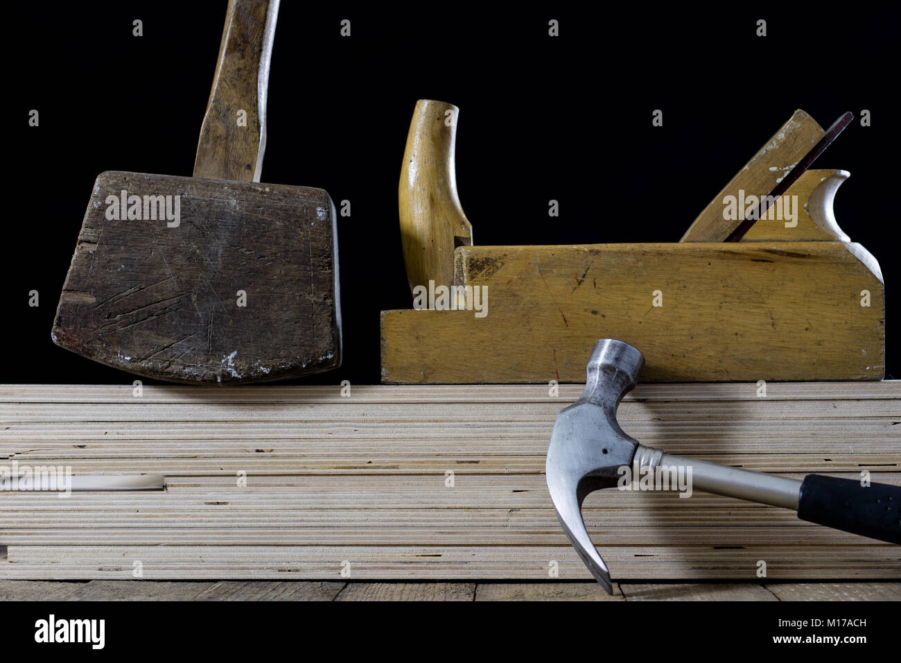 Carpentry tools on a wooden table in an old carpentry workshop. Old ...