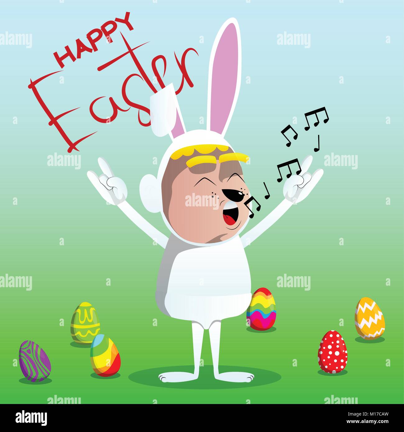 Boy dressed as Easter bunny with hands in rocker pose. Vector cartoon ...