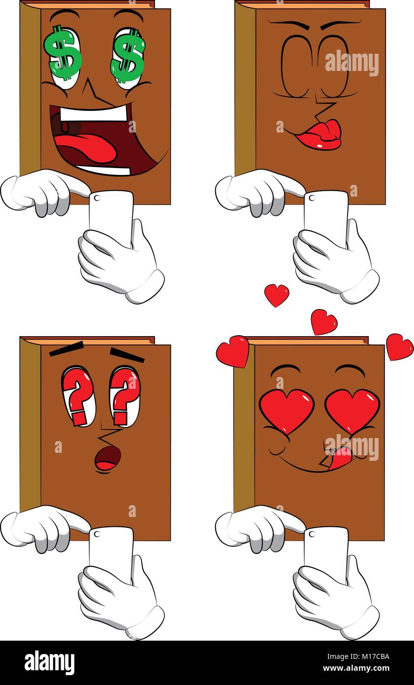 Books using a mobile phone. Cartoon book collection with various faces ...