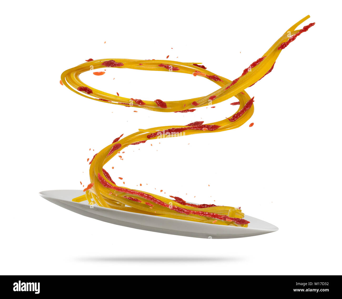 Concept of flying food with traditional italian spaghetti and tomato ...