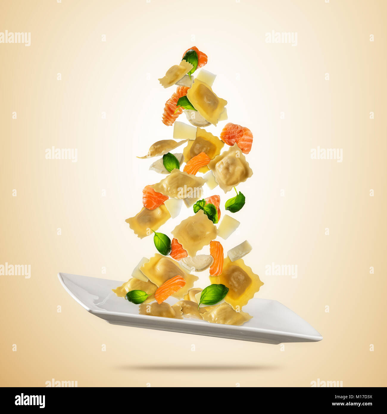 Concept of flying food with traditional italian ravioli and vegetable ...