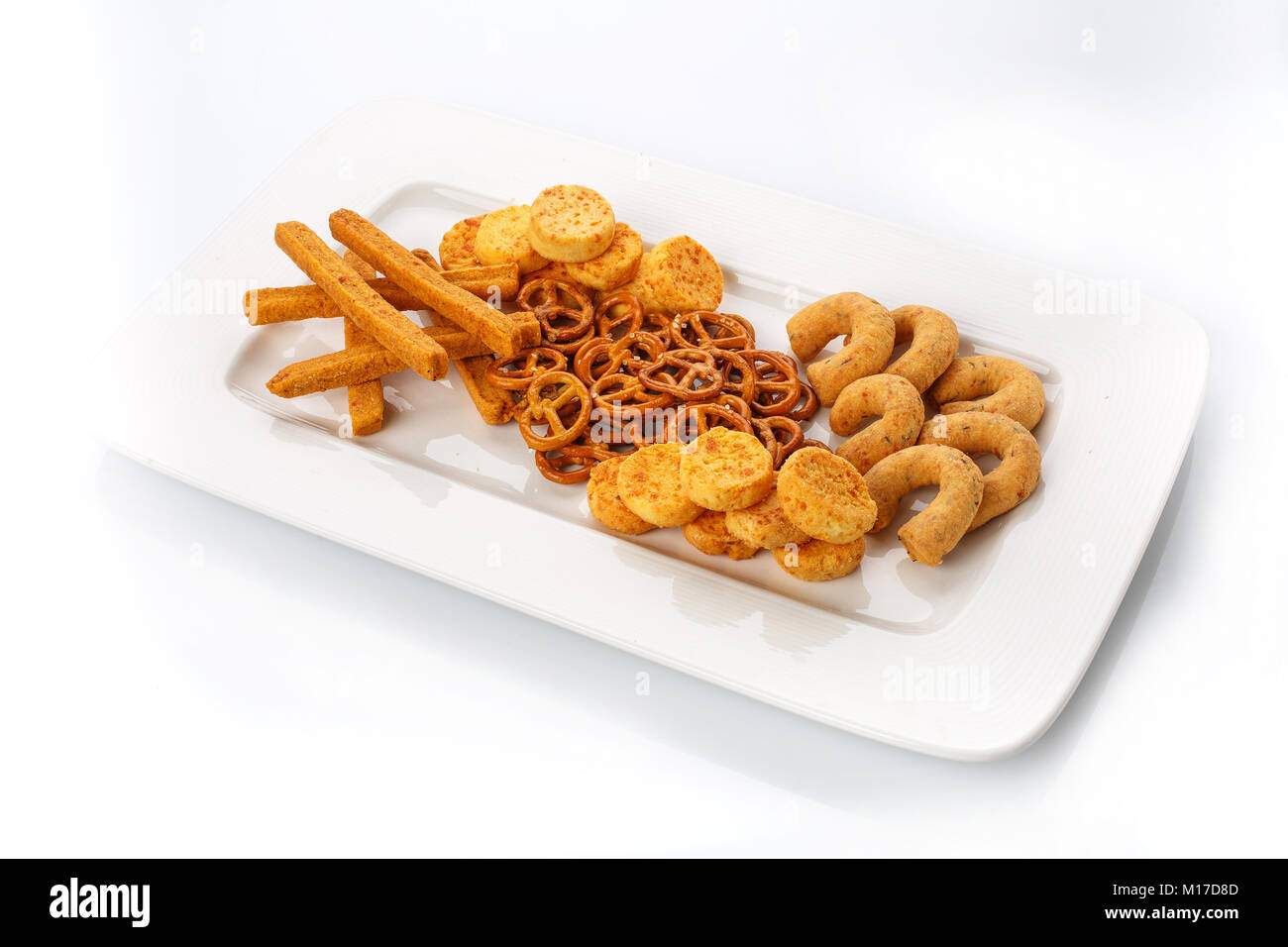 Snack for beer. Different types of crackers . Isolated on white Stock ...