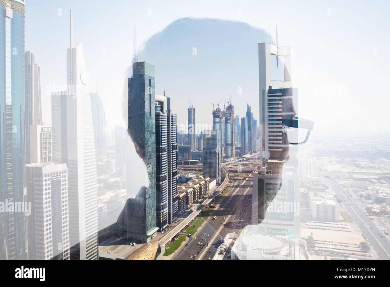 Double Exposure Of Person's Head With Eyeglasses And City Stock Photo ...