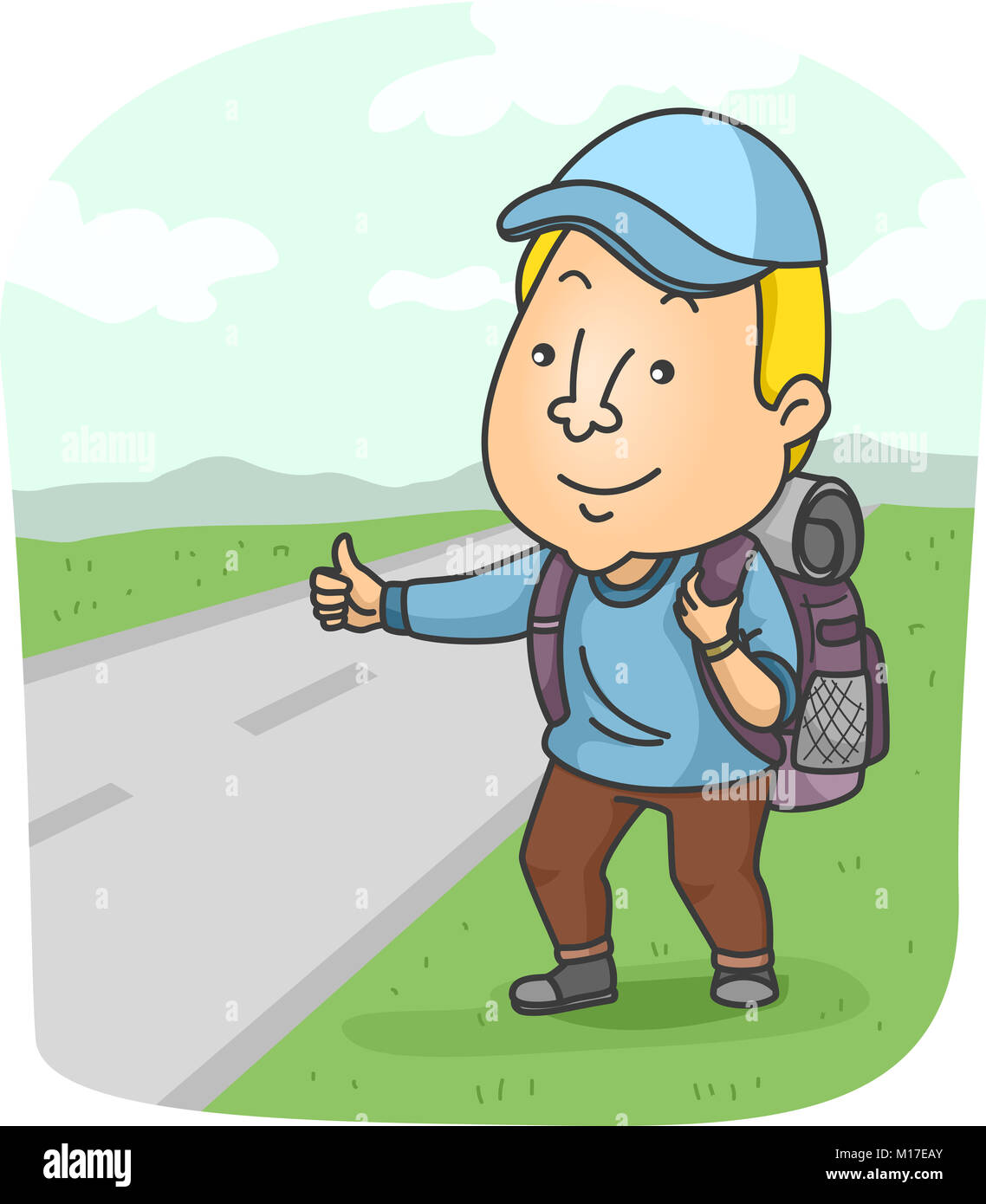 Illustration Featuring a Backpacking Young Man Asking for a Ride Using ...