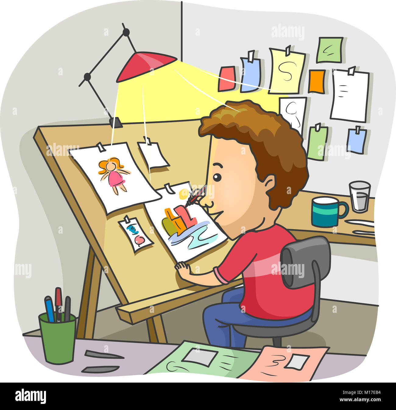 Illustration Featuring a Male Illustrator Working From His Home Studio ...