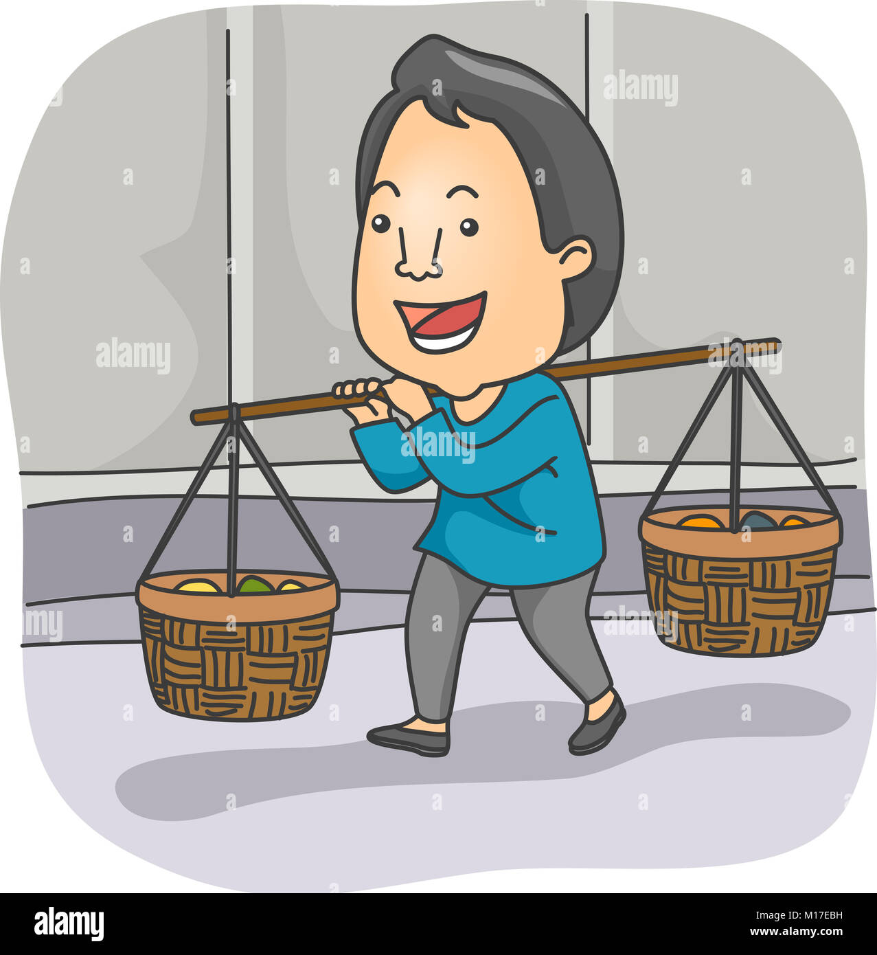 Illustration Featuring a Young Asian Street Merchant Peddling His Wares ...