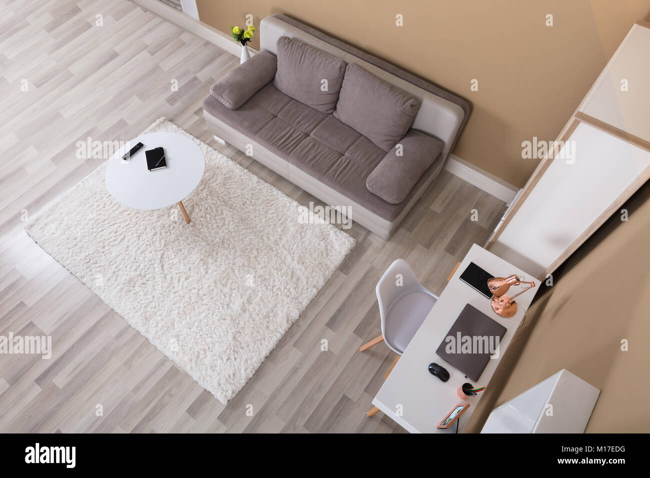 Overhead View Of Modern Living Room With Computer Desk And Sofa Stock ...