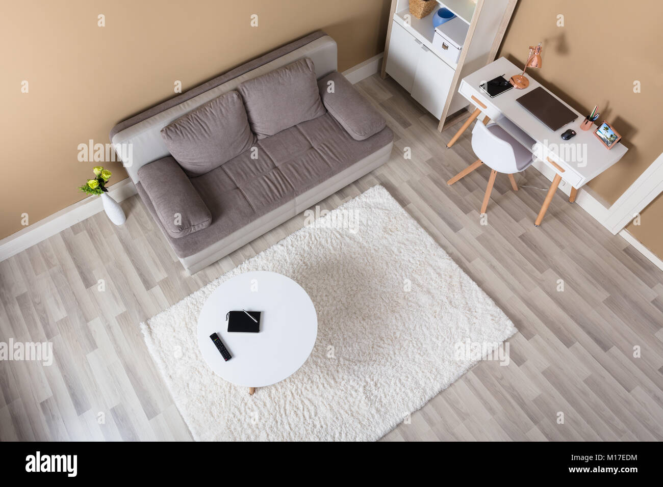 Overhead View Of Modern Living Room With Computer Desk And Sofa Stock ...