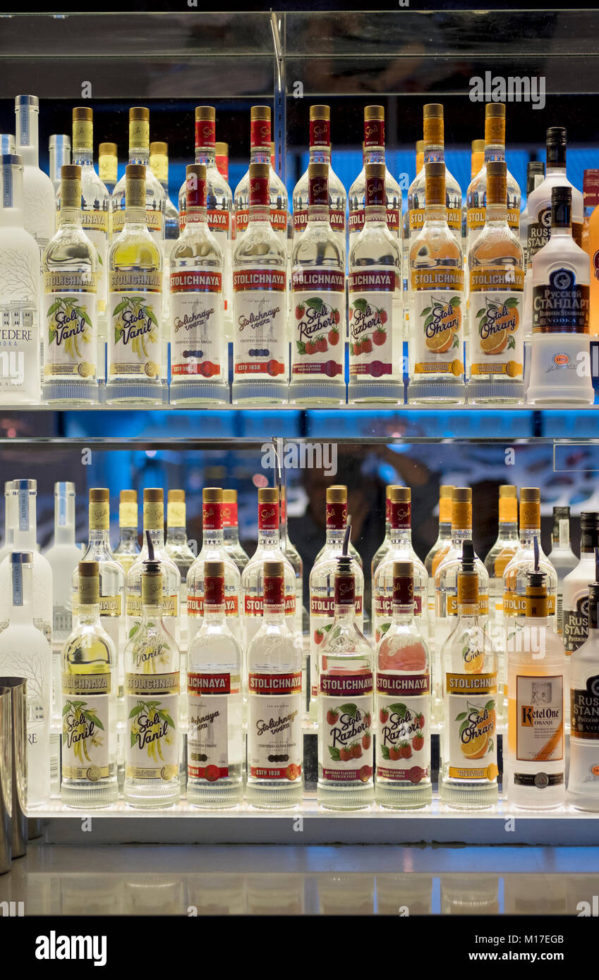 Beautiful nicely lit display of liquor at the bar at Apiero, a ...