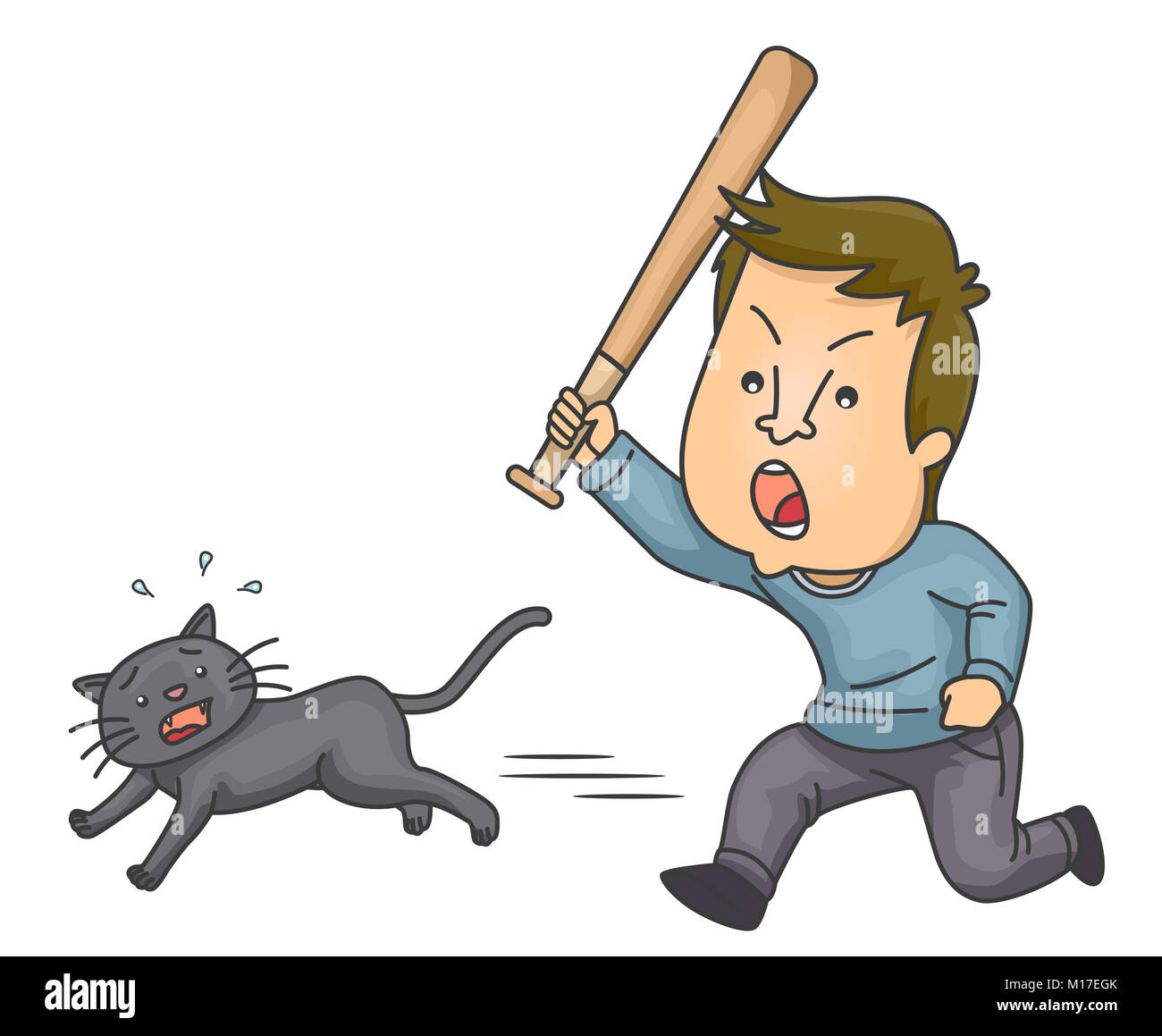 Illustration Featuring an Angry Young Man Chasing a Terrified Cat With ...