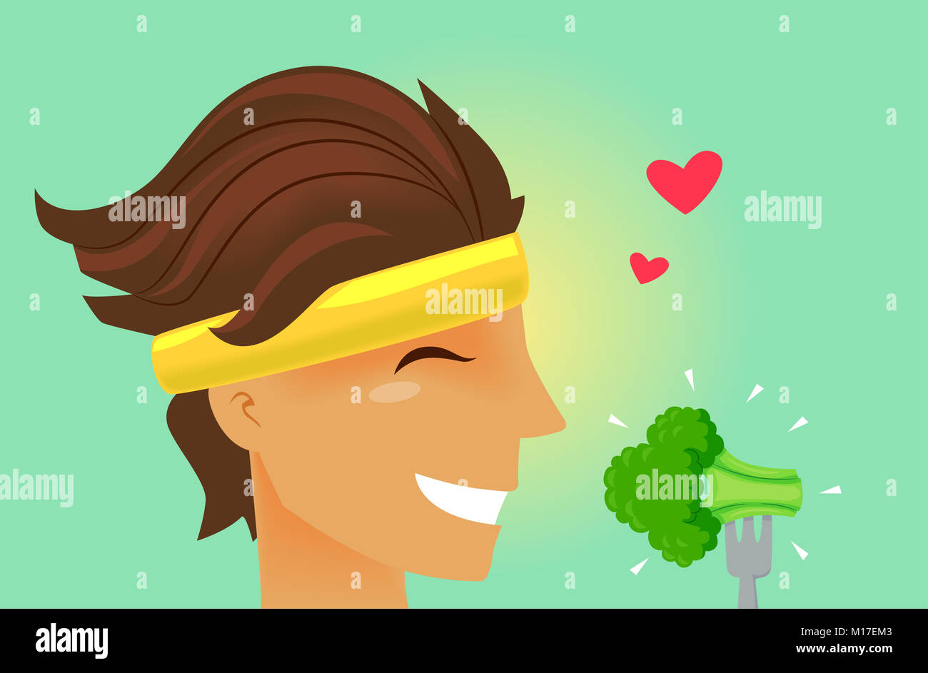 Illustration Featuring a Man in a Headband Happily Snacking on Broccoli ...
