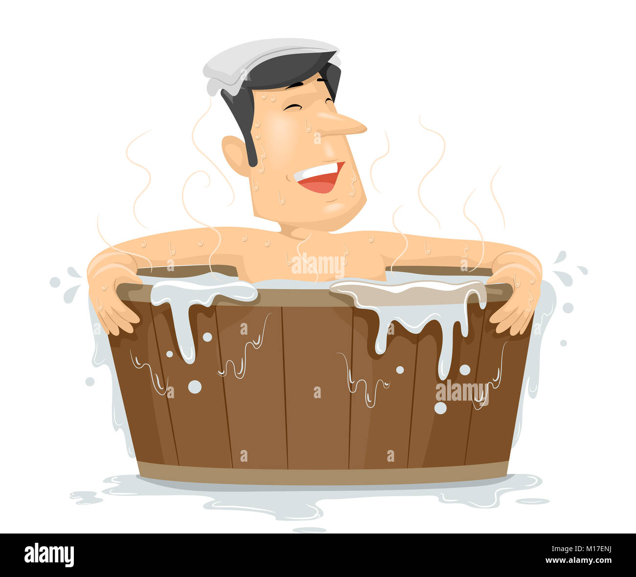 Illustration of a Man Bathing in a Wooden Bathtub Stock Photo - Alamy