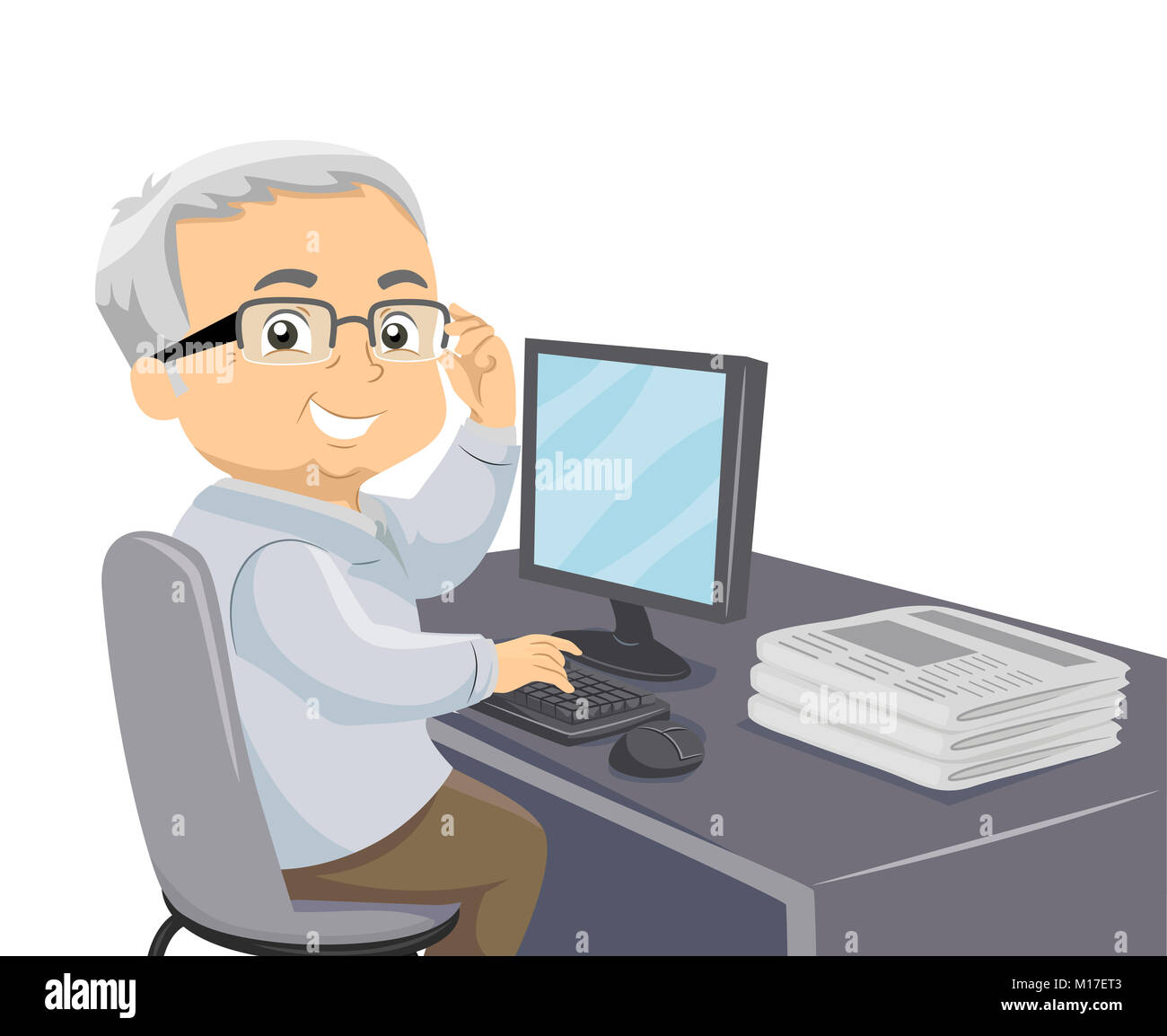 Illustration of a Senior Man Using the Computer with a Stack of ...