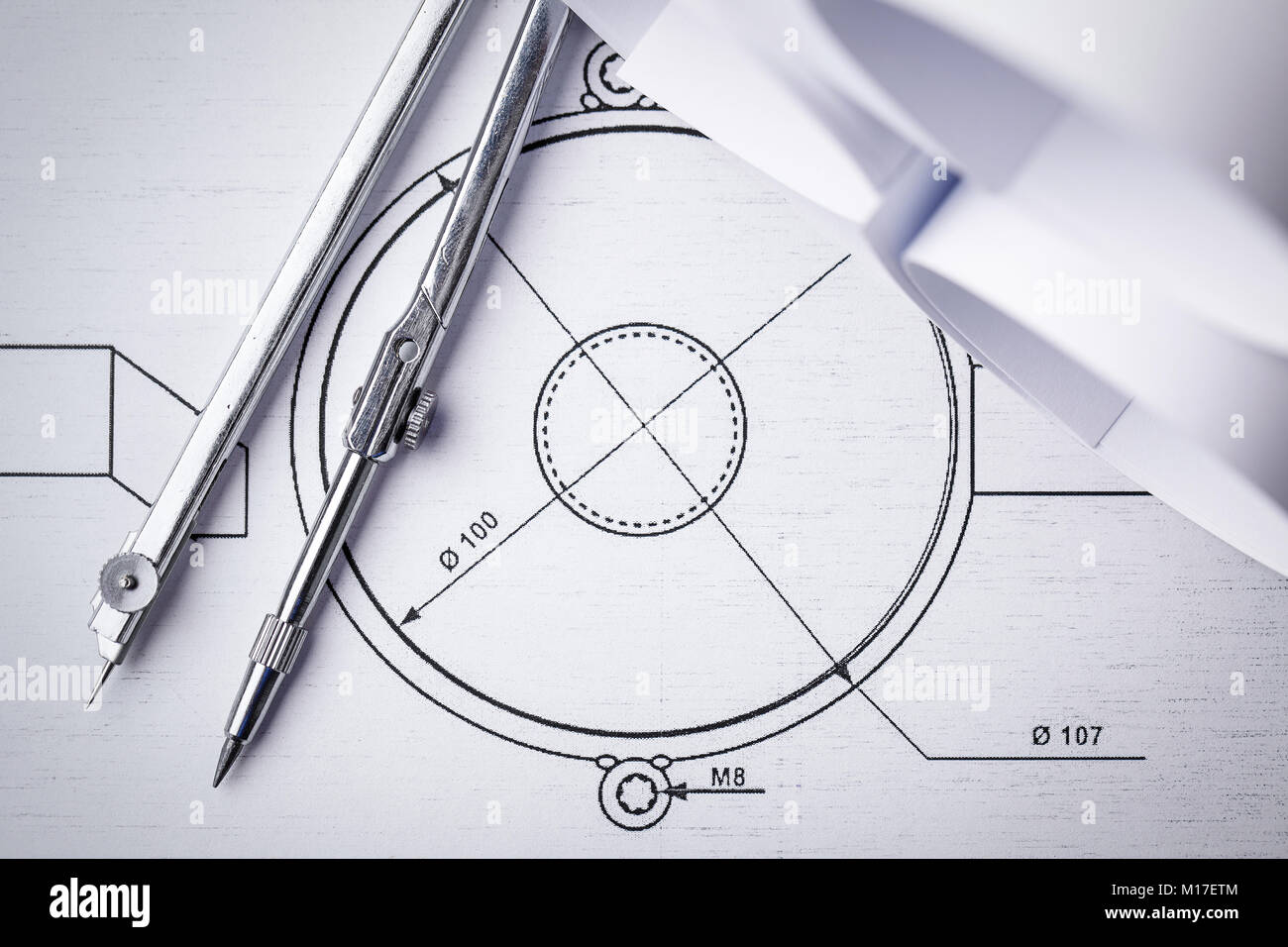 Indastrial drawing detail and several drawing tools. Technical drawings ...