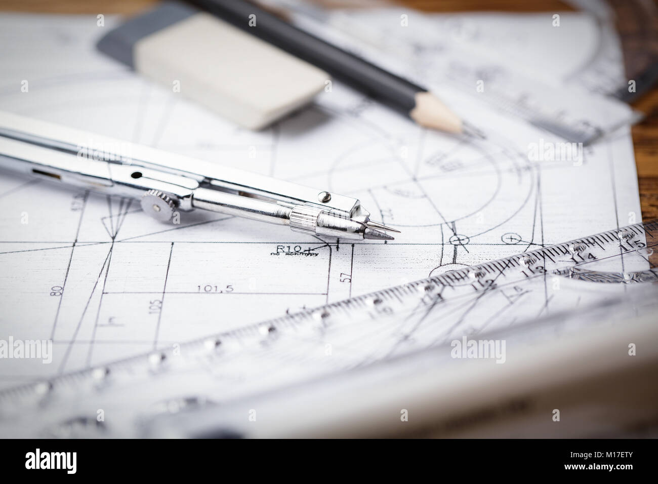 Workplace - technical project drawing with engineering tools ...