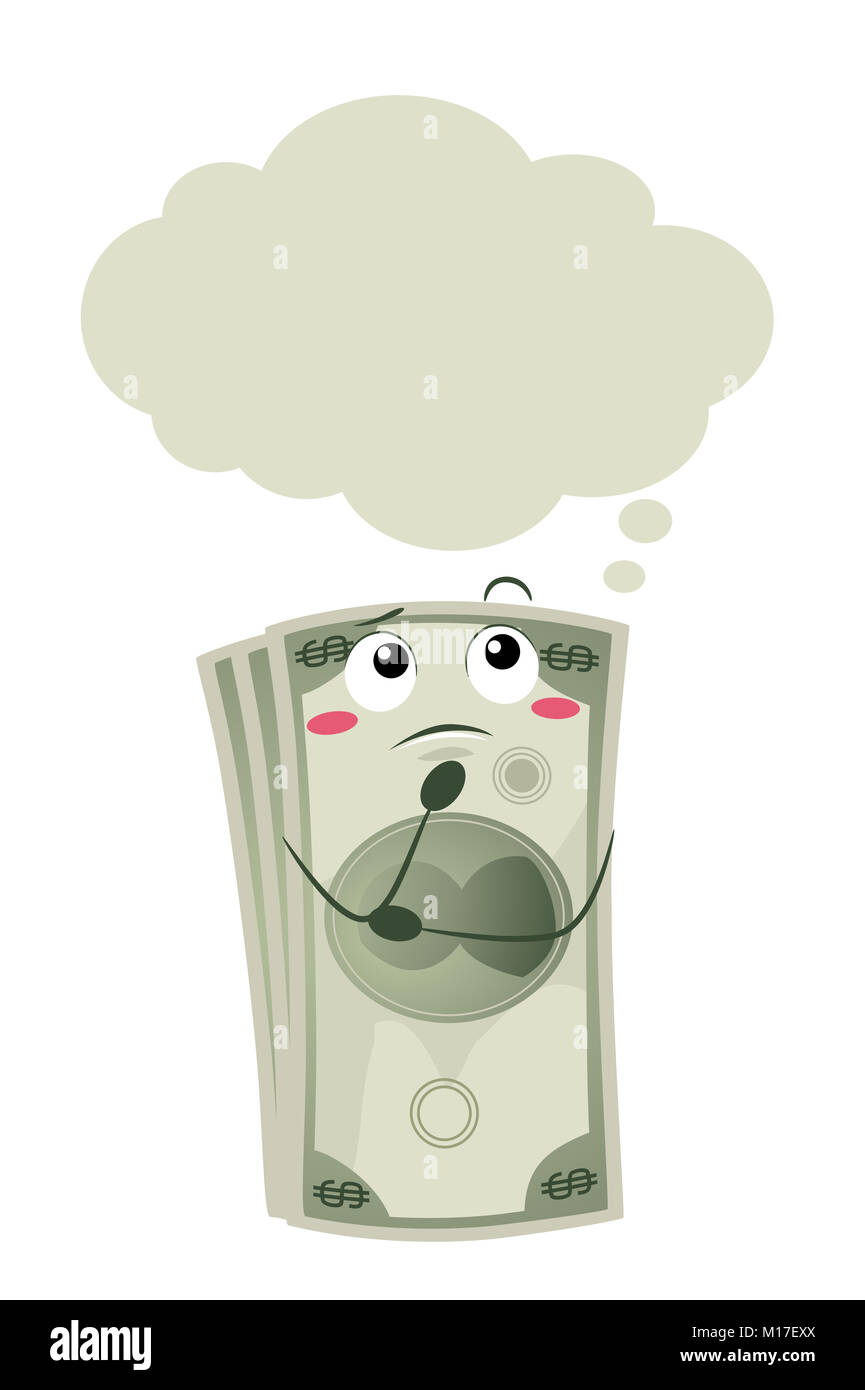 Illustration of a Dollar Bill Looking Up with a Thinking Cloud Stock ...