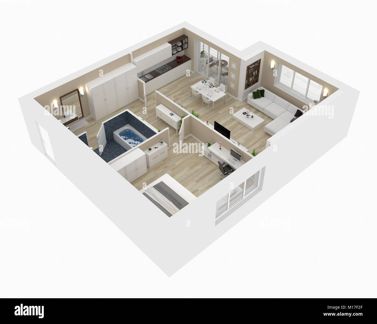 Floor plan of a house top view 3D illustration. Open concept living ...