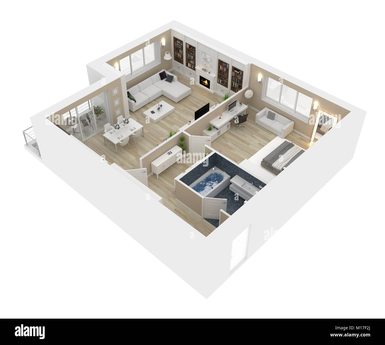 Floor plan of a house top view 3D illustration. Open concept living ...