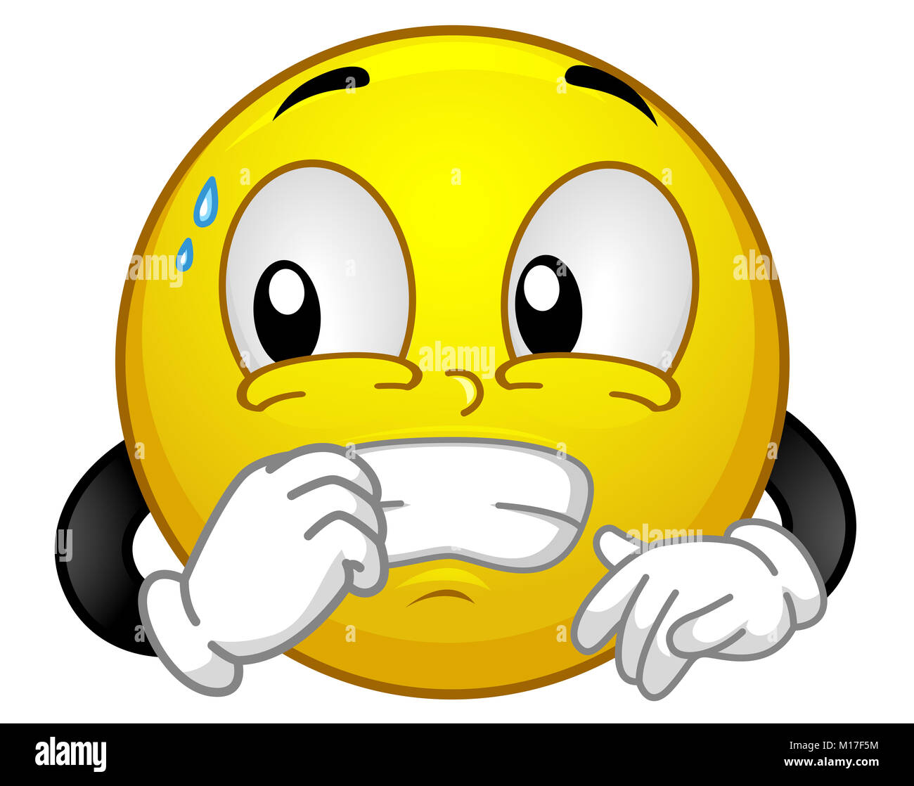 Illustration Of A Nervous Smiley Mascot Biting His Fingernails While Looking Sideways Stock