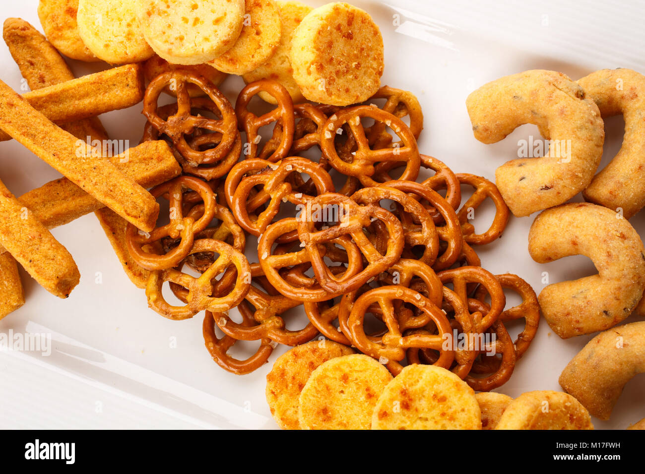 Snack for beer. Different types of crackers Stock Photo - Alamy