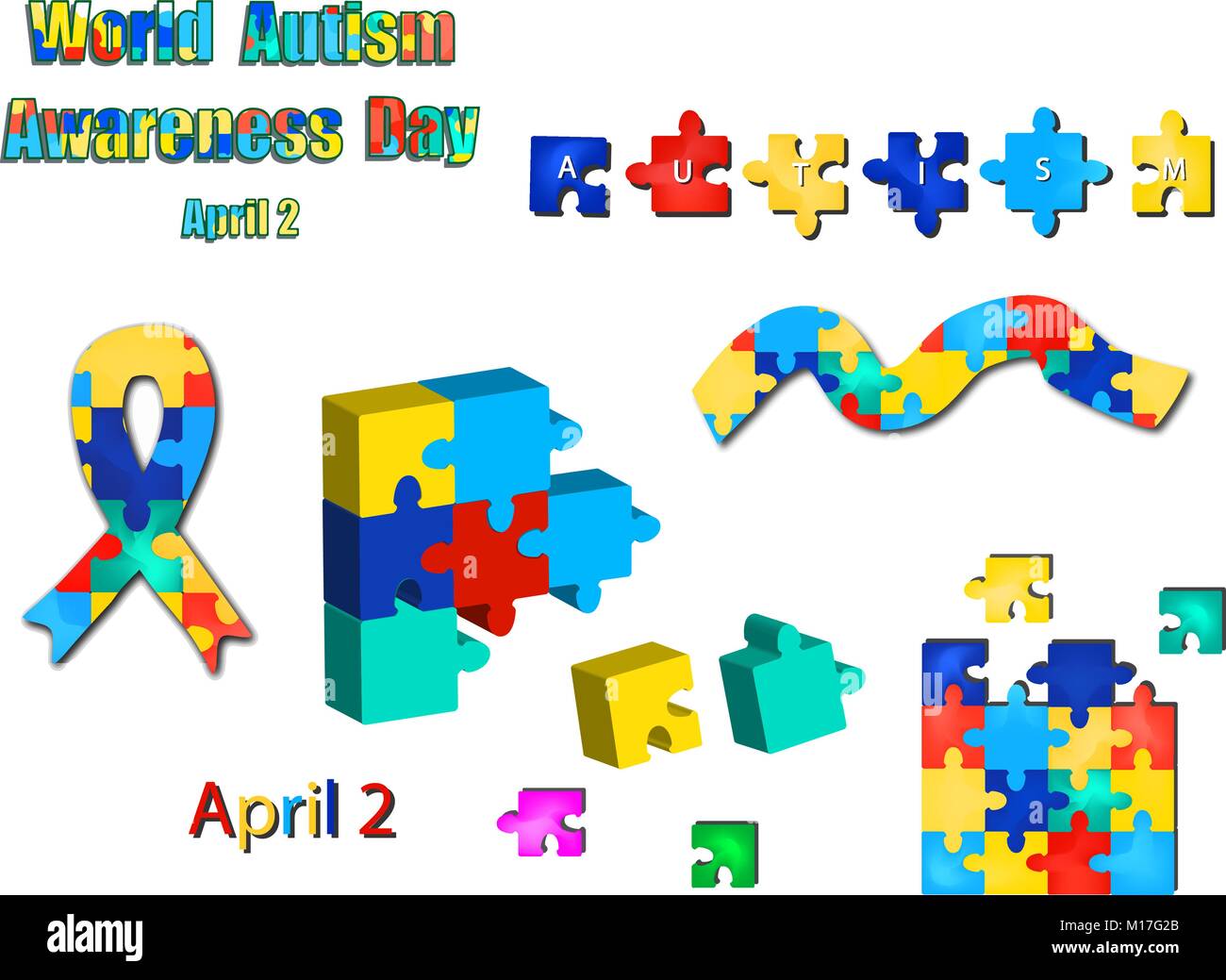 A set of puzzles from ribbons and inscriptions with World Autism Day ...