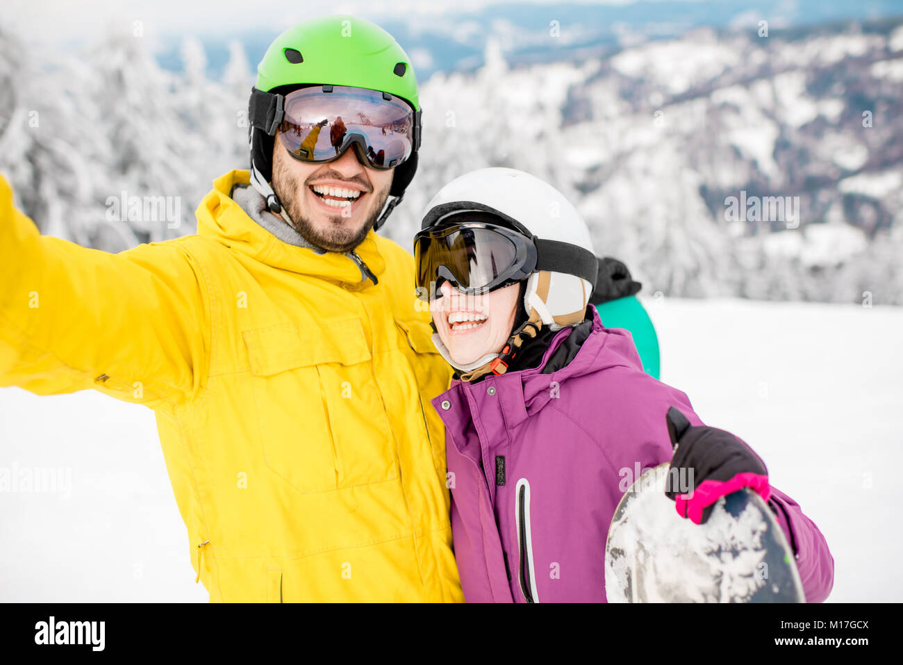 Snowboarders portrait at the mountains Stock Photo - Alamy