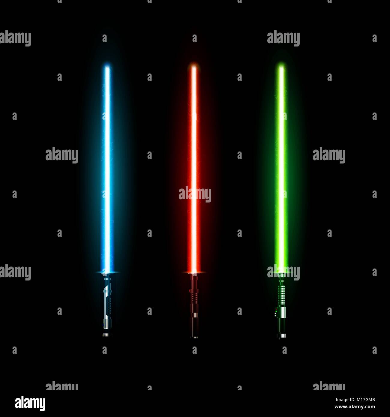 Set of realistic light swords. Vector illustration isolated on dark ...