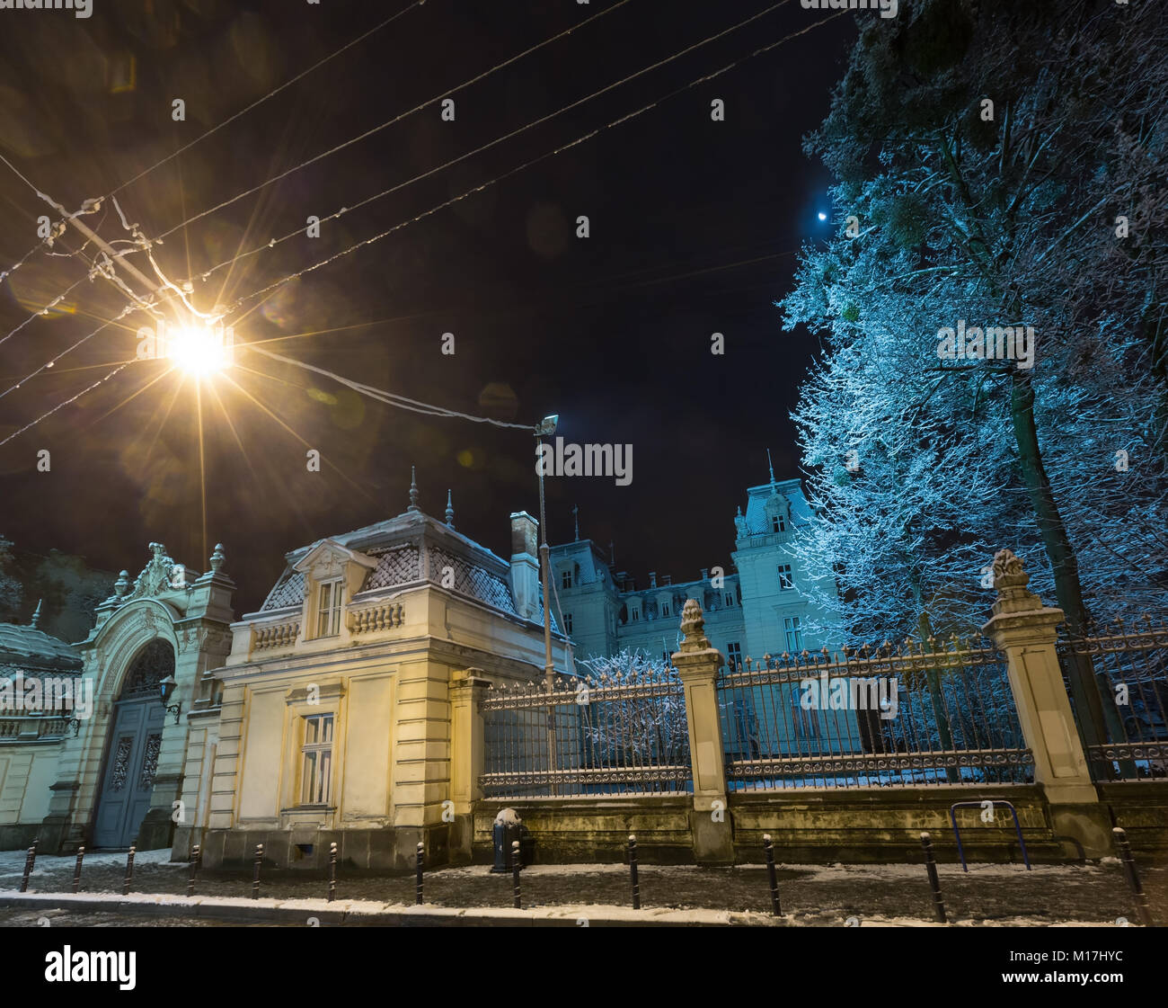 Beautiful night winter Potocki Palace (build in the 1880s) cityscape in ...