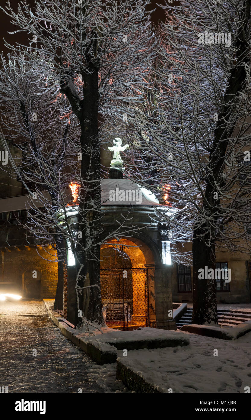 Beautiful night winter Lviv city (Ukraine) illuminated cityscape. Well ...