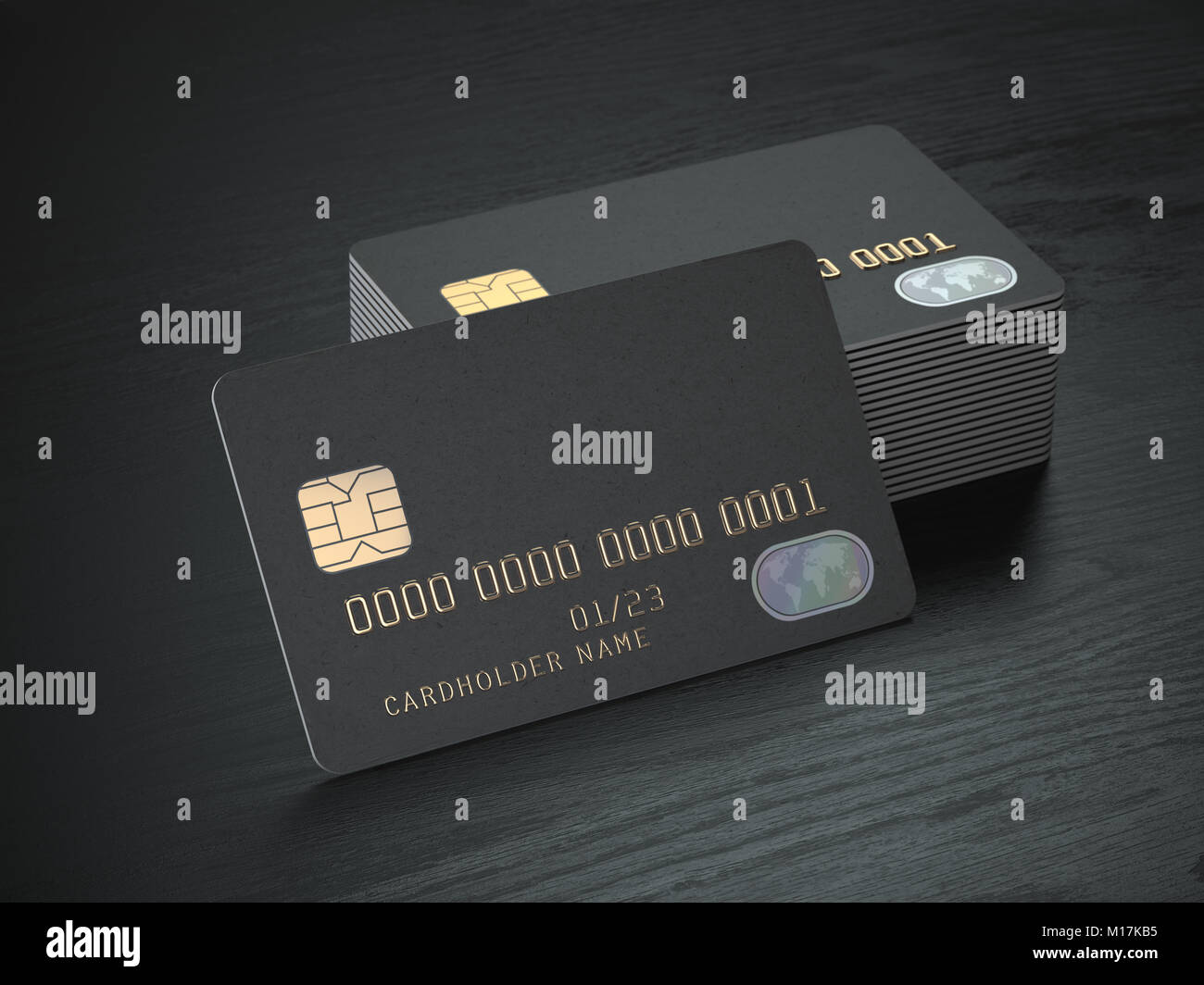 Stack of black blank credit cards mockup on black wood table background ...