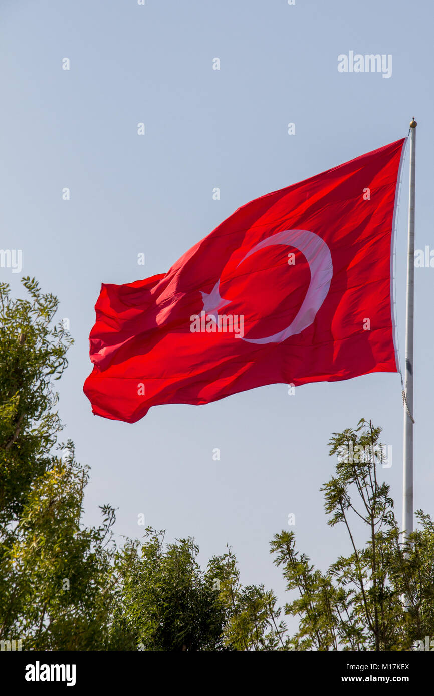 Turkish national flag hang on a pole in open air Stock Photo - Alamy