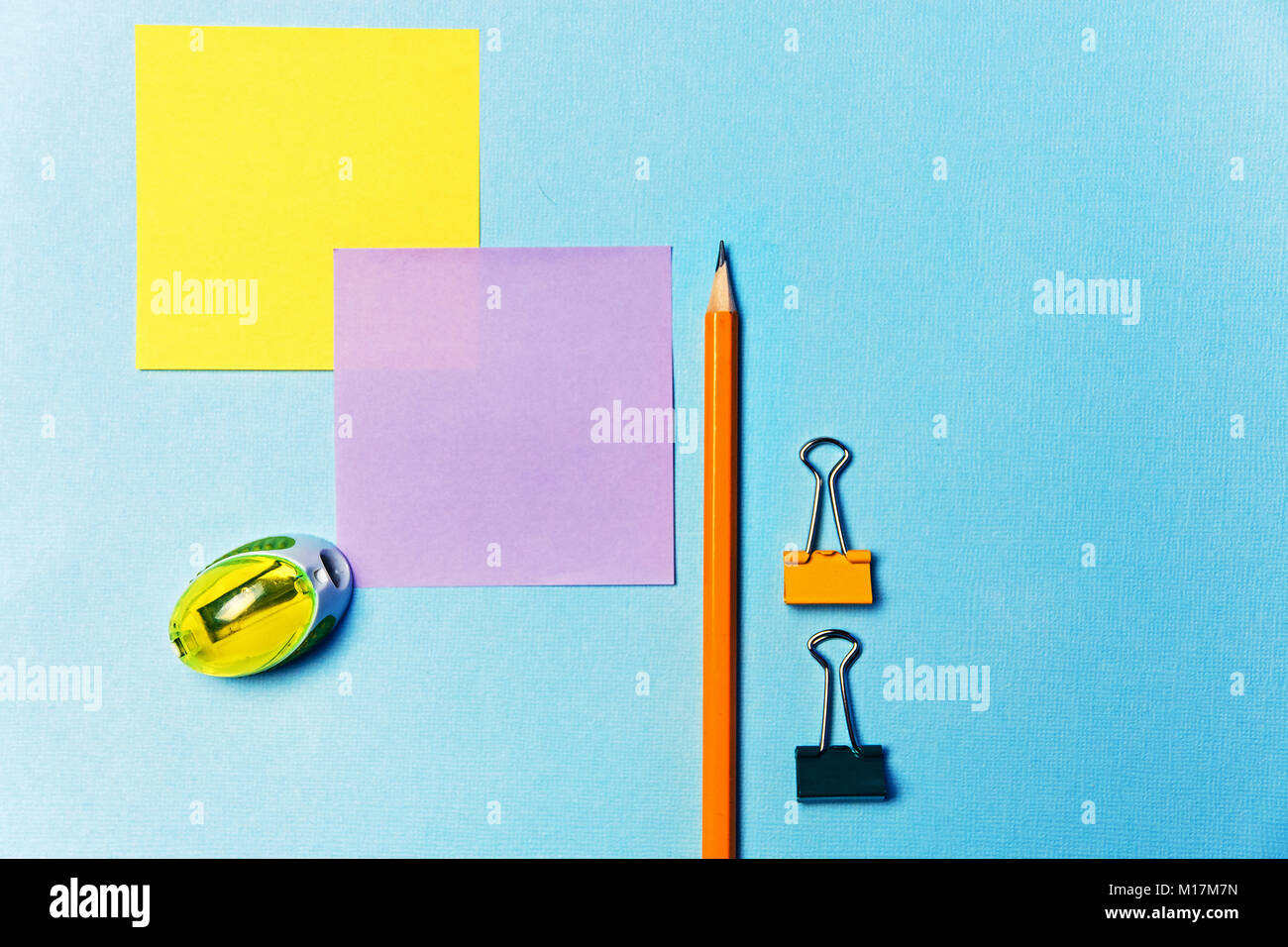 stickers for recording, paper clips, sharpener and pencils Stock Photo ...