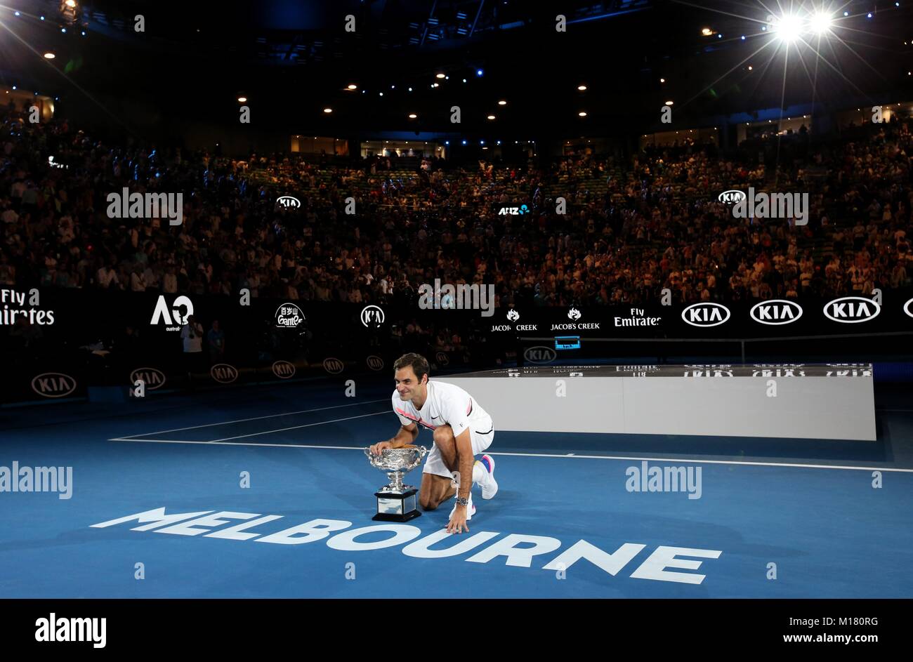 Melbourne, Australia. 28th Jan, 2018. Switzerland's Roger Federer poses ...