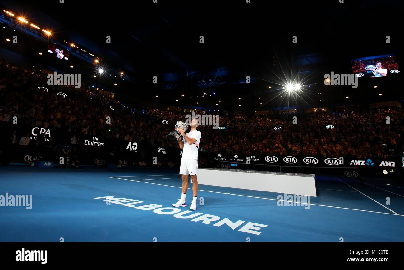 Melbourne, Australia. 28th Jan, 2018. Switzerland's Roger Federer poses ...