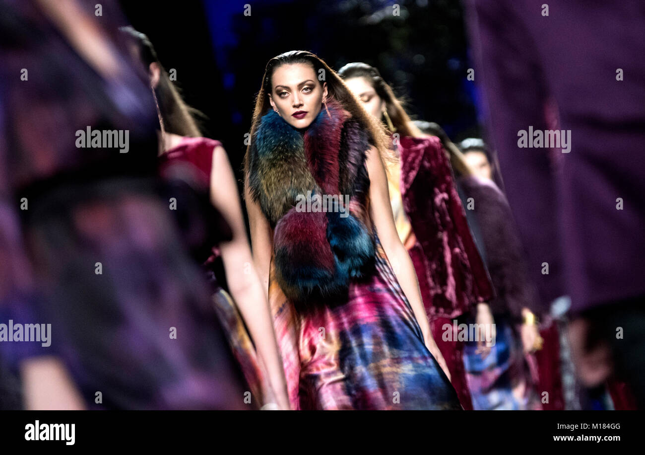 Madrid, Spain. 28th January, 2018. A model showcases designs by Miguel ...
