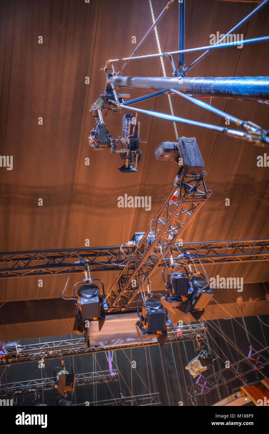 stage before the concert shines the beams of searchlights Stock Photo ...