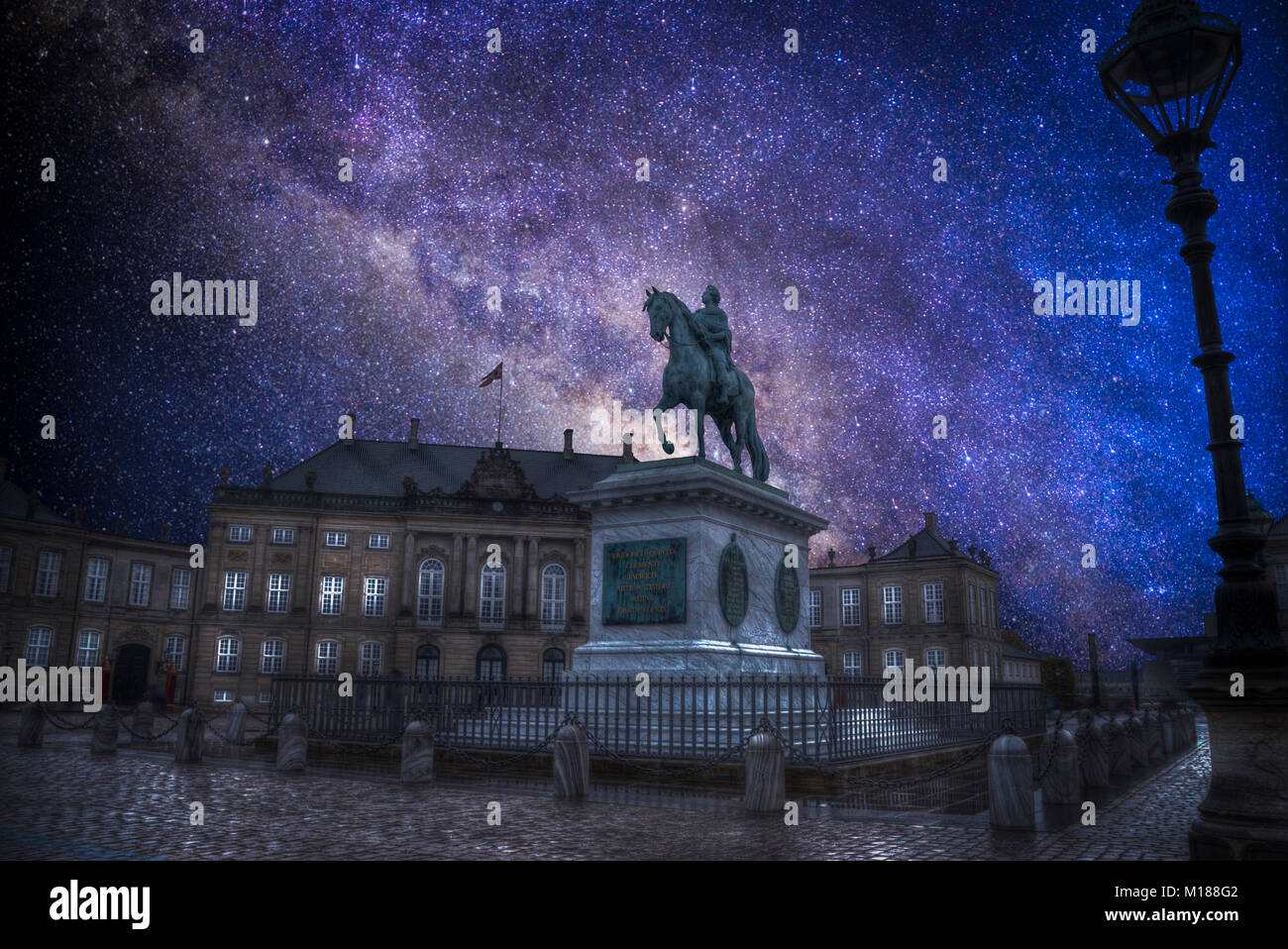 Starry night sky.The Royal Amalienborg Palace in Copenhagen. Denmark ...