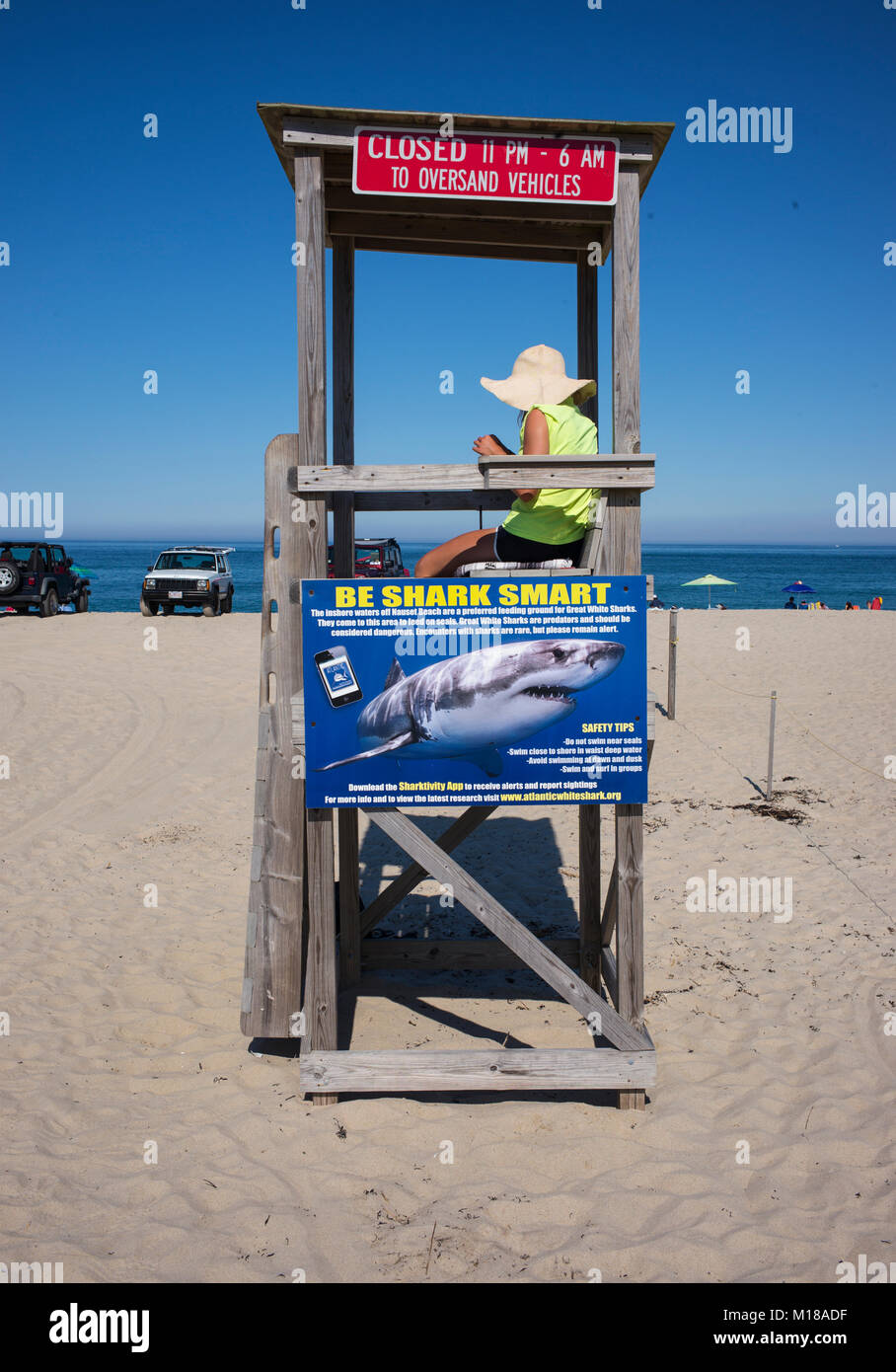 A sign warning of sharks offshore is attached to a lifeguard stand on a ...